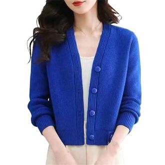 Generic Pull court &agrave; col en V pour femme - Cardigan de printemps en tricot - Petit manteau, bleu, Taille XS