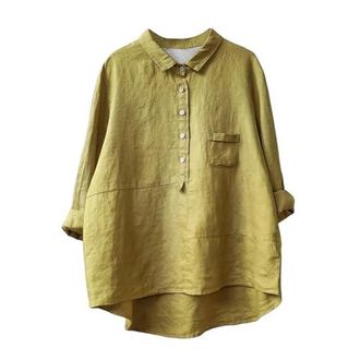 Generic Chemisier habill&eacute; en lin pour femme - D&eacute;contract&eacute; - Col &agrave; revers - Manches longues - Col en V - Haut de bureau basique, jaune, 3XL