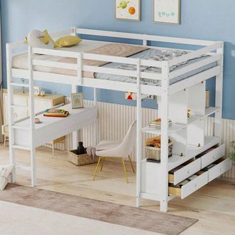 Generic Kinder-Zwischengeschoss-Bett 140x200 wei&szlig; - Integriert einen Schreibtisch und Aufbewahrungsschubladen unter dem Bett (ohne Matratze) (Wei&szlig; + Kiefer + 