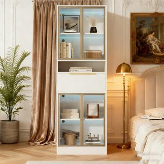 Generic Smart LED-Vitrine mit Bluetooth - Moderne Wei&szlig;er Hochschrank (60x35x180cm) mit 16-Farb-Beleuchtung, Glasfront & Schublade - Beleuchtung synchronisierb