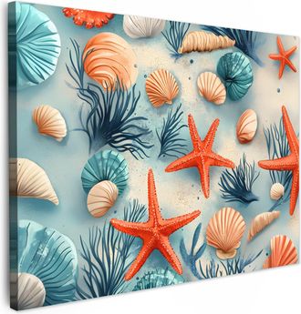 MuchoWow © Bild auf Leinwand 80x60 cm Schlafzimmer Bilder Badezimmer Wand Deko Wohnzimmer Modern Wanddeko Bilderwand Geschenk Seestern - Muscheln - Illustratio