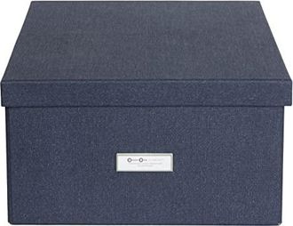 Bigso Box of Sweden BIGSO KATRIN große Aufbewahrungsbox mit Deckel - stabiler Organizer aus Faserplatte und Papier in Leinenoptik - praktische Faltbox mit Etikettenrahmen