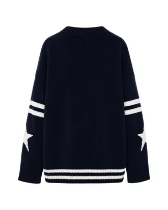 Max Mara Womens V-Neck Wool Cardigan With Star Intarsia Navy Blue Virgin Cardigans Sweater