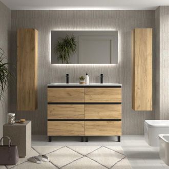 Cygnus Bath Meuble de salle de bain BEQUIA METAL 3C 120cm Ch&ecirc;ne Vasque Porcelaine Centrale