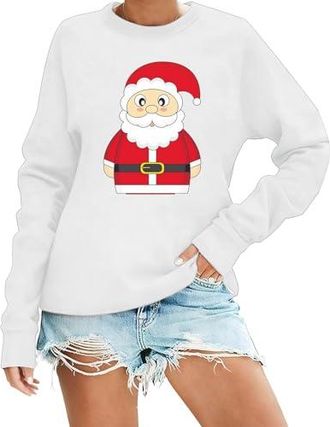 Generic Sweat-shirt de Noël pour femme - Pull de Noël moche amusant à col rond - Pull décontracté à manches longues - Imprimé Père Noël mignon - Chemisier pou