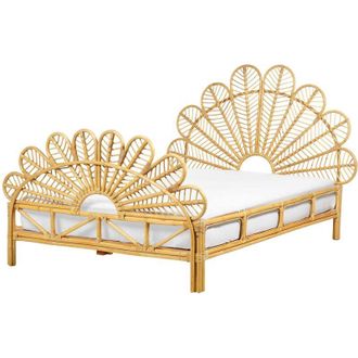 Beliani Lit Double en Rotin Clair 140 x 200 cm T&ecirc;te de Lit Tress&eacute;e en Acajou Florentine