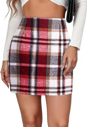 Minetom Femme Plaid Jupe Moulante Tartan Mini Jupe Crayon Bodycon Taille Haute Court Shirt Business Droite Jupe À Carreaux A Rouge XS