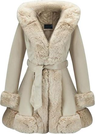Generic Veste en daim avec col en fausse fourrure pour femme, manteau chaud dhiver avec v&ecirc;tements dext&eacute;rieur &agrave; ceinture (Beige,M)