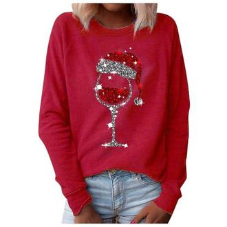 Generic Pull de Noël pour femme - Col rond - Élégant - Imprimé verre à vin rouge - Pull de Noël - Hiver - Beau costume de Noël pour adolescentes et filles, 03