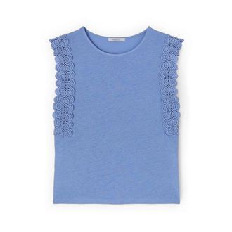 Motivi T-Shirt aus Leinenmischung mit Spitzeneins&auml;tzen - - Tops - Damen - Blau - XS