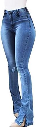 Generic Jean skinny pour femme, coupe ajustée, taille haute, effet push-up et extensible, avec poches, look tendance, ourlet fendu déchiré, pantalon en jean p