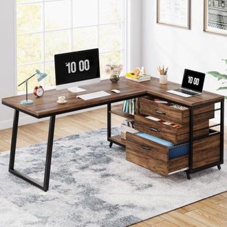 Tribesigns Tribesigns Bureau dordinateur en forme de L avec 3 tiroirs, bureau dangle r&eacute;versible avec &eacute;tag&egrave;res, bureau dordinateur industriel de 133 cm, table