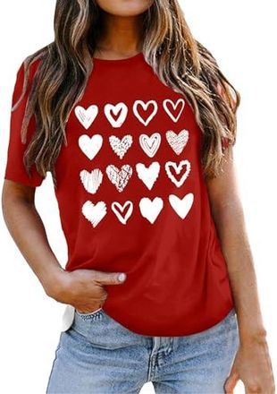 Generic T-shirt graphique &agrave; manches courtes pour femme avec motif coeur pour la Saint-Valentin 2026, Rouge, XXL