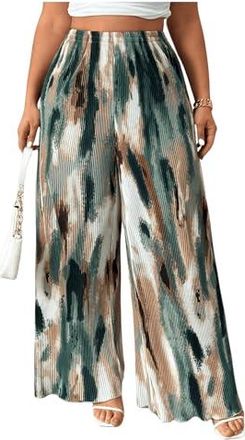 Floerns Pantalon Palazzo pliss&eacute; Tie Dye pour femme - Taille haute - Jambe large, Vert/multicolore, X-Large plus