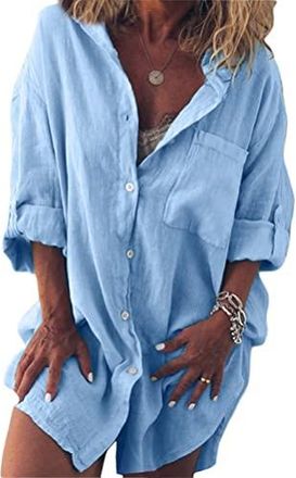 Minetom Blouse Femme Chemisiers Manches Longues Blouse Eté Plage Shirt Longues Tunique Couleur Unie Chemise Longue Tops Mini Robe Hauts B Bleu XXL