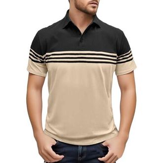 Generic Polo Homme Printemps et &Eacute;t&eacute; Mode D&eacute;contract&eacute;e Manches Courtes Chemise Ray&eacute;e Revers T-shirt Couleur Assortie Haut, Noir, XXL