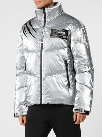 Plein Sport Kurze gesteppte Nylon-Pufferjacke mit Stehkragen und Logo