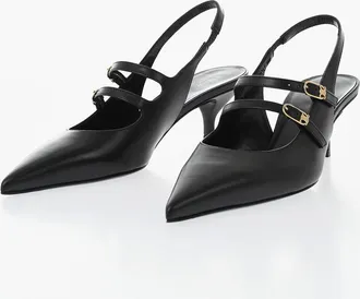 Celine Leather Slingback JUDY with Double Gold Buckle and 7 cm Kitten Heel Celine