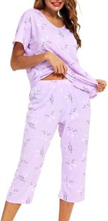 Mia Lucce Pyjama Femme Été Coton Manche Courte Ensemble Femme Ete avec T - Shirt à Manches Courtes et Capri 2 Pièces, S-XXXL