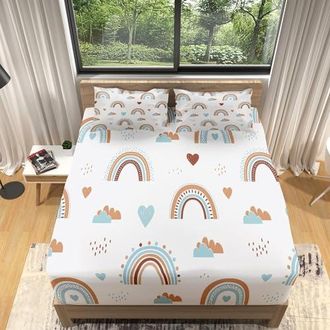 Generic Drap Housse 140x190 Arc-en-Ciel, 3D Images de Dessins Anim&eacute;s Drap-Housse 140 x 190, Drap Plat 2 Personnes, Drap Housse Enfant Adulte avec 2 Taies dore