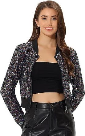 Allegra K Blouson Femme à Paillettes Veste Court Zippé Cardigan à Sequin Bomber de Fête Multicolore M