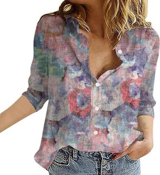 Generic Hauts en coton et lin pour femme &agrave; manches longues - Blouses d&eacute;t&eacute; pour femmes grande taille - Blouses et chemises unies pour les vacances, hauts de tr