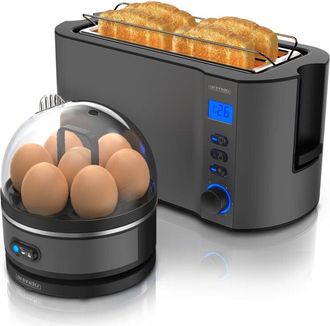Arendo Set Toaster manha mit Eierkocher sevencook Edelstahl Grau, Toaster 4 Scheiben, LED-Display, 6 Br&auml;unungsgrade, Br&ouml;tchenhalter - Eierkocher 1-7 - Arendo