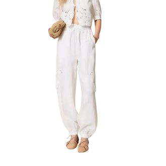 Twinset Femme, Pantalons, Blanc, Taille: 36 FR Pantal&iacute;n Lino Bordado Ingl&eacute;s