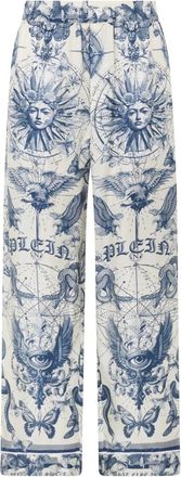 Philipp Plein Femme, Pantalons, Bleu, Taille: 38 FR Pantalon de Pyjama en Soie Tatouage Papillon