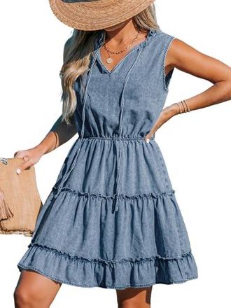 Cupshe Mini robe d&eacute;t&eacute; sans manches avec col en V fendu et volants pour femme, bleu nuit, Taille S