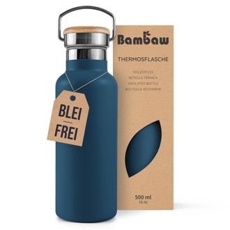 Bambaw Thermoflasche 500 ml, Trinkflasche Blau, Edelstahl Trinkflasche, Thermoflasche Kinder 500ml, Metall Wasserflasche - Azurblau