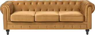 Beliani Klassisches Polstersofa 3er-Sitzer Samtstoff senfgelb Chesterfield