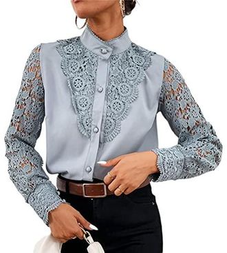 Minetom Chemisier Femmes Chic Blouse Manches Longues Dentelle Tunique Haut Tops El&eacute;gante Col V Ample Tee Shirt E Gris M