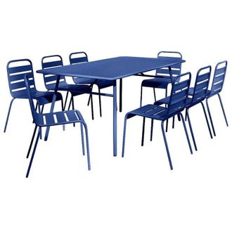 Vente-Unique Salle &agrave; manger de jardin en m&eacute;tal - une table L.200 cm et 8 chaises empilables - Bleu nuit - MIRMANDE de MYLIA