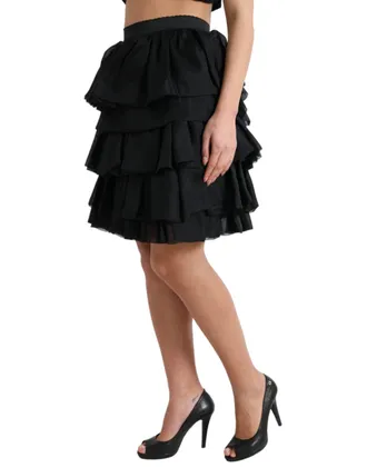 Dolce & Gabbana Womens Black Tiered Aline High Waist Silk Mini Skirt