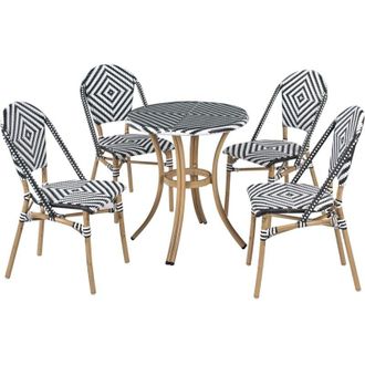 Beliani Set de Jardin ou de Salon Table et 4 Fauteuils en Rotin Noir et Blanc Pieds en Aluminium Ensemble pour Int&eacute;rieur et Ext&eacute;rieur Boho et Rustique Beliani