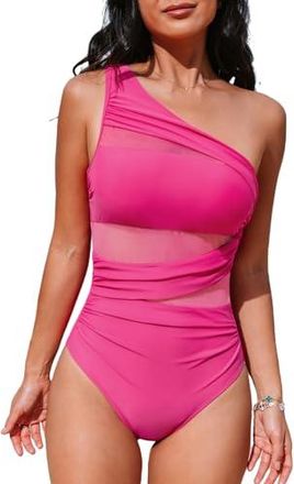 Cupshe Maillot de bain une pièce pour femme - Contrôle du ventre - Col asymétrique froncé - Bretelles en maille, rose, Taille M