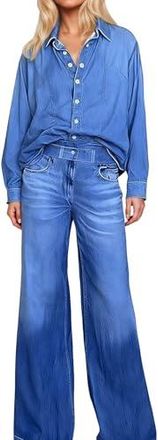 Generic 2026 Ensemble de Pyjama en Jean pour Femme, Pantalon Ample d&eacute;contract&eacute;, Haut boutonn&eacute; Confortable, v&ecirc;tement de Nuit en Jean Extensible Doux pour Femme