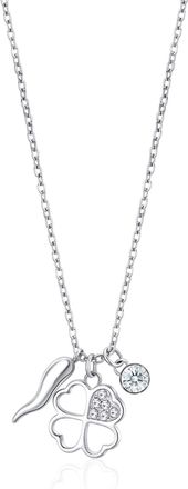 Brosway Chakra Damen Halskette aus 316L-Edelstahl mit vierbl&auml;ttrigem Klee, Gl&uuml;ckshorn-Anh&auml;ngern und klarem Kristall, 44 cm, BYM81