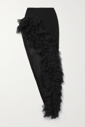 DAVID KOMA Jupe Longue Asymétrique En Crêpe De Laine À Finitions En Tulle Et À Volants - Noir