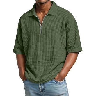 Generic Polo de sport pour homme avec fermeture &eacute;clair quart de fermeture &eacute;clair - Couleur unie - Haut gaufr&eacute; uni - T-shirt de sport &agrave; manches courtes - T-shi