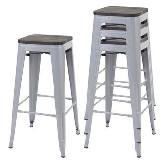 Mendler 4er-Set Barhocker HWC-A73 inkl. Holz-Sitzfl&auml;che, Barstuhl Tresenhocker, Metall Industriedesign stapelbar - grau