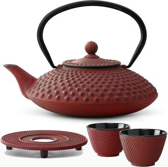 Bredemeijer Teekanne asiatisch Gusseisen Set rot 1.25 Liter mit Edelstahl Tee-Filter Sieb-Einsatz für losen Tee mit Stövchen und Teebecher (2 Tassen)