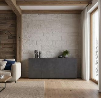 Dmora Kommode Oscar, 4-t&uuml;riges K&uuml;chen-Sideboard, Wohnzimmer-Buffet, 100 % Made in Italy, 200 x 43 x 86 cm, Schiefer