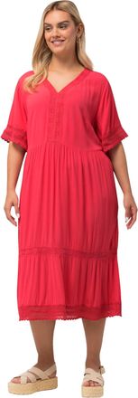 Ulla Popken Damen Tunika-Midikleid, Spitze, A-Linie, V-Ausschnitt, Halbarm Kleid, pink, 46-48