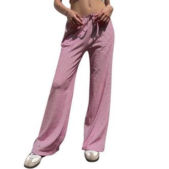 Generic Pantalon &agrave; jambes larges ray&eacute; pour femmes, pantalon d&eacute;contract&eacute; avec cordon de serrage &eacute;lastique &agrave; taille basse, pantalon de pyjama, pantalons d&eacute;contr