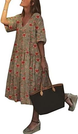 Onsoyours Femme Robe &Eacute;t&eacute; Mi-Longue Manches Petite Robe Courte Mini Robe Casual Col en V &Eacute;l&eacute;gant Imprim&eacute; Fleur Printemps &Eacute;t&eacute; Dames Robe D&eacute;contract&eacute;e Kaki 3XL