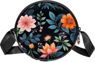 Generic Petit sac &agrave; bandouli&egrave;re circulaire pour femme, motif feuilles florales, sac &agrave; dos avec fermeture &eacute;clair, bretelles r&eacute;glables, sac &agrave; main rond d&eacute;contra