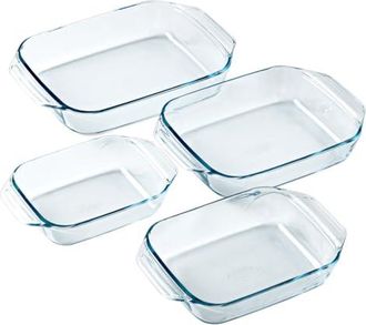 Pyrex Lot de 4 Plats à Four - Rectangulaire - Larges poignées - Format Familial - Verre Borosilicate - Extrême Résistance - Made in France