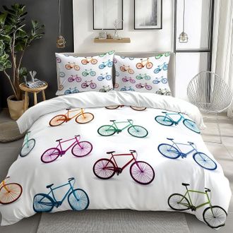 Generic Bettw&auml;sche 155x200 Fahrrad Bettw&auml;sche-Sets Fahrradmuster Bettbezug mit Rei&szlig;verschluss 3D Weiche Mikrofaser Bettbez&uuml;ge mit 2 Kissenbez&uuml;ge 80x80 cm B-34